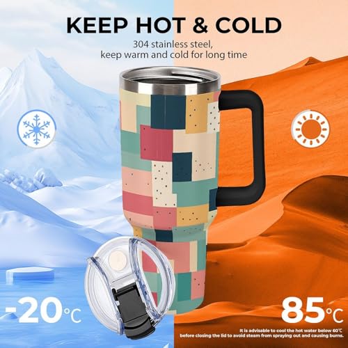Colorful Blocks 40 Oz Stainless Steel Cup Travel Tumbler with Handle and Straw Lightweight Coffee Mug for Home Office