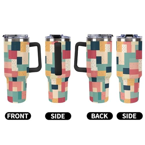 Colorful Blocks 40 Oz Stainless Steel Cup Travel Tumbler with Handle and Straw Lightweight Coffee Mug for Home Office
