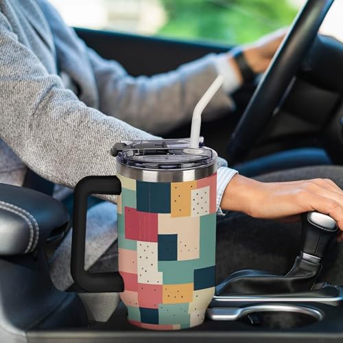 Colorful Blocks 40 Oz Stainless Steel Cup Travel Tumbler with Handle and Straw Lightweight Coffee Mug for Home Office