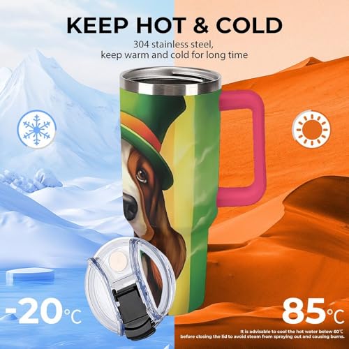 Basset Hound St Patrick's Day 40 Oz Stainless Steel Cup Travel Tumbler with Handle and Straw Lightweight Coffee Mug for Home Office