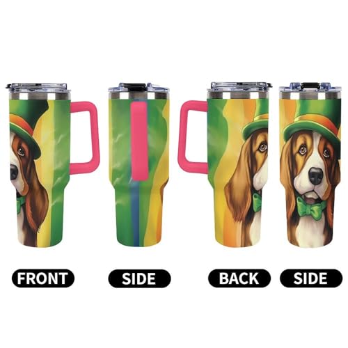 Basset Hound St Patrick's Day 40 Oz Stainless Steel Cup Travel Tumbler with Handle and Straw Lightweight Coffee Mug for Home Office