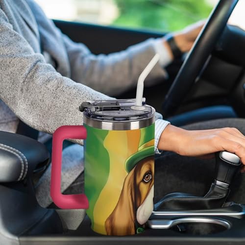 Basset Hound St Patrick's Day 40 Oz Stainless Steel Cup Travel Tumbler with Handle and Straw Lightweight Coffee Mug for Home Office