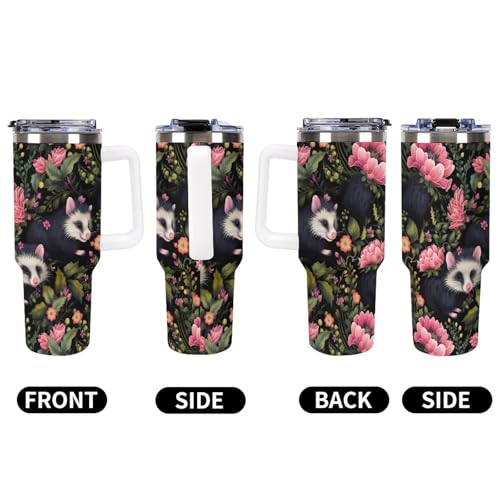 Cute Possum Flowers 40 Oz Stainless Steel Cup Travel Tumbler with Handle and Straw Lightweight Coffee Mug for Home Office