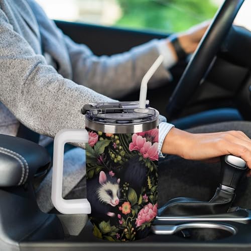 Cute Possum Flowers 40 Oz Stainless Steel Cup Travel Tumbler with Handle and Straw Lightweight Coffee Mug for Home Office