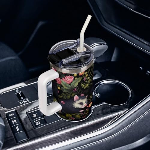 Cute Possum Flowers 40 Oz Stainless Steel Cup Travel Tumbler with Handle and Straw Lightweight Coffee Mug for Home Office