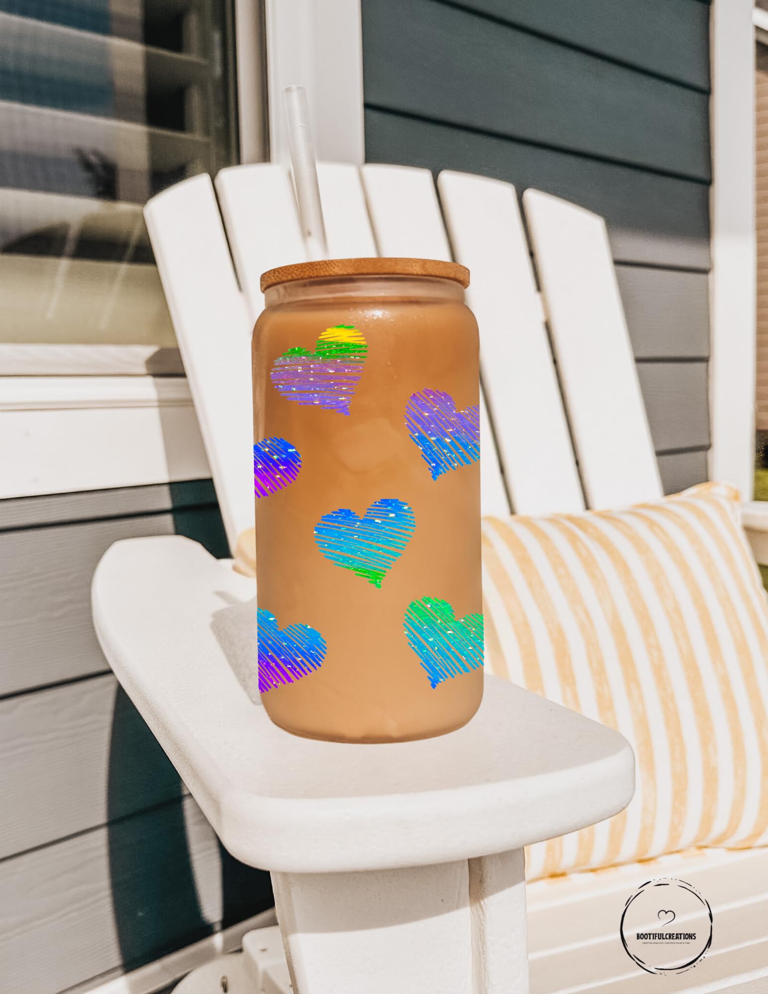 Rainbow Hearts Glass Cup 16 oz Glass Cup with Bamboo Lid and Reusable Straw