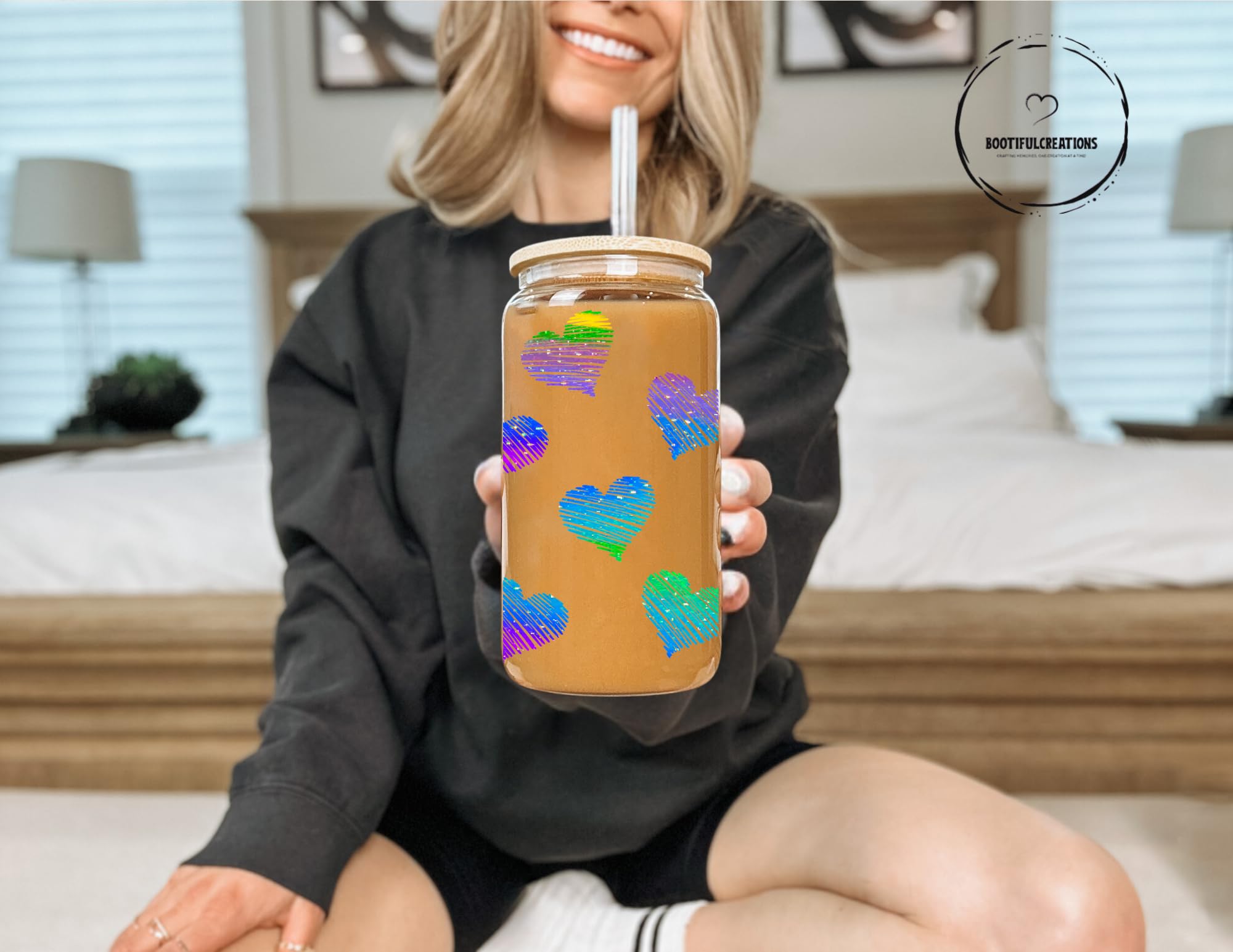 Rainbow Hearts Glass Cup 16 oz Glass Cup with Bamboo Lid and Reusable Straw