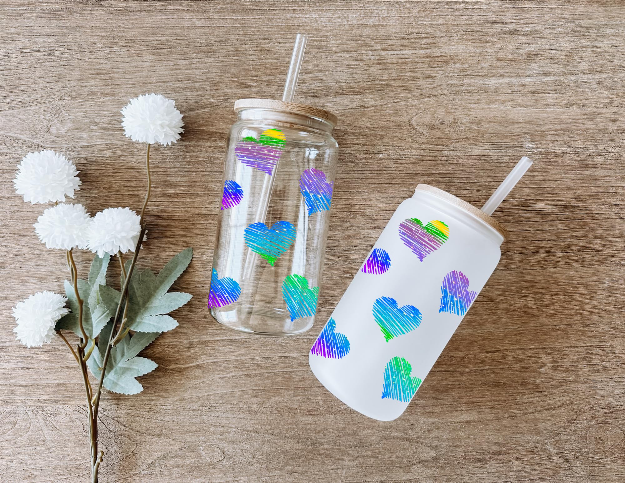 Rainbow Hearts Glass Cup 16 oz Glass Cup with Bamboo Lid and Reusable Straw