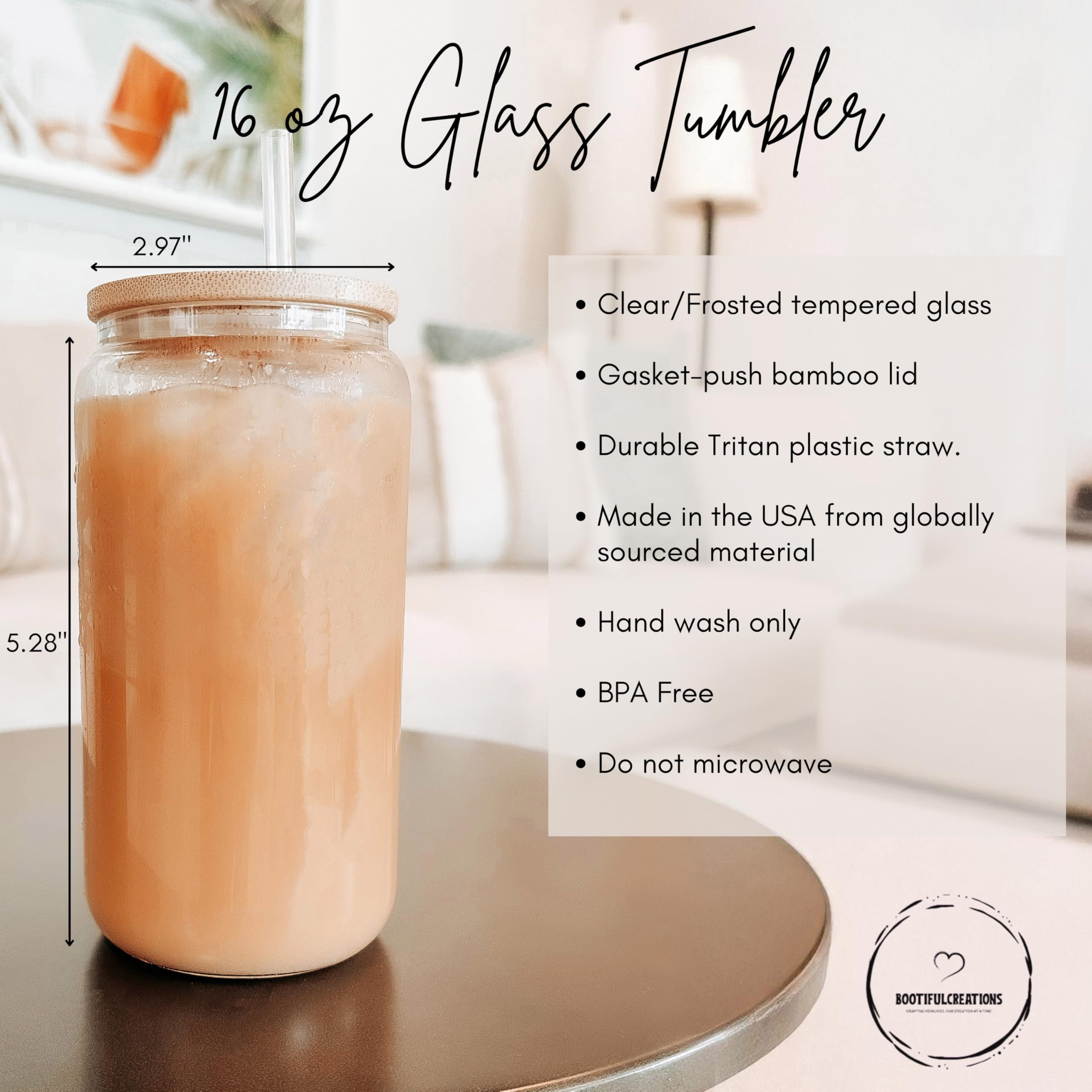 Rainbow Hearts Glass Cup 16 oz Glass Cup with Bamboo Lid and Reusable Straw