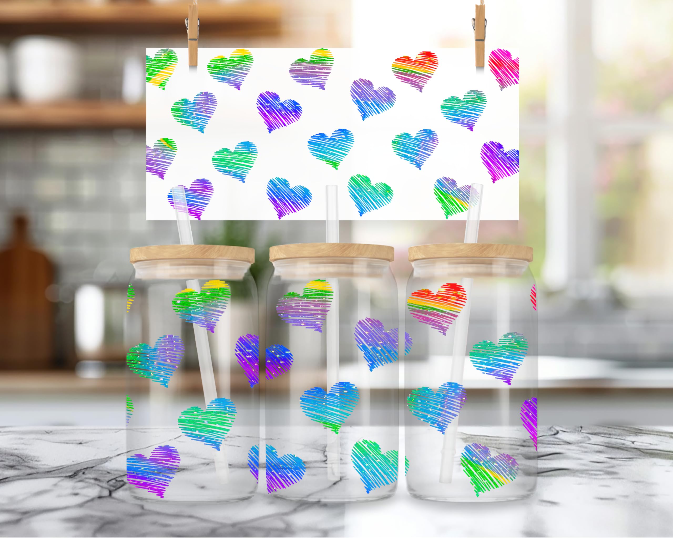 Rainbow Hearts Glass Cup 16 oz Glass Cup with Bamboo Lid and Reusable Straw