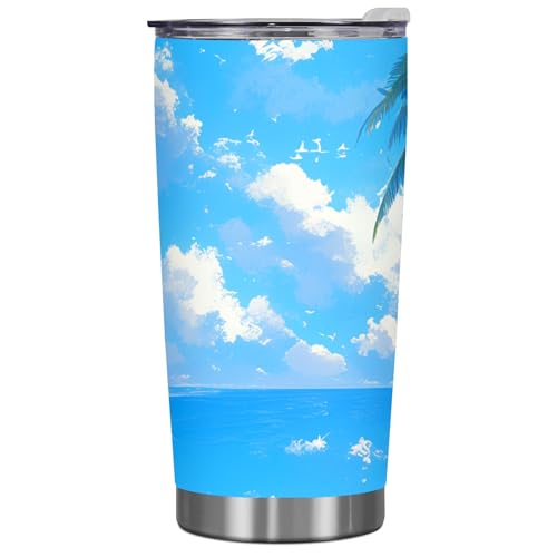QWEUIOP 20oz Insulated Travel Coffee Mug Grunge Summer Coconut Tree Stainless Steel Tumbler with Lid Double Wall Vacuum Coffee Cup For Hot and Cold Drinks14524