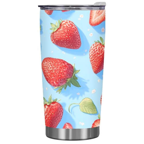 QWEUIOP 20oz Insulated Travel Coffee Mug Fruits Strawberry Pattern Stainless Steel Tumbler with Lid Double Wall Vacuum Coffee Cup For Hot and Cold Drinks14578