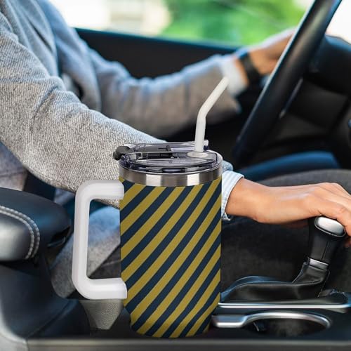 Blue And Yellow Stripes 40oz Water Bottle Double Wall Insulated Tumbler with Handle Leakproof Travel Mug White-style