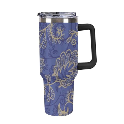 Romantic Flora Leaves Ornate Petals 40oz Water Bottle Double Wall Insulated Tumbler with Handle Leakproof Travel Mug Black-style