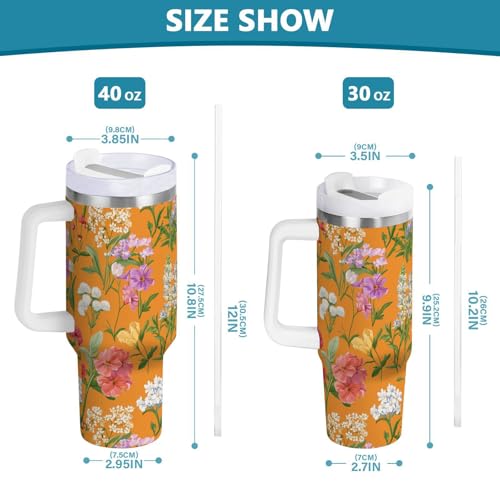linqin Flower Peony Orange Vacuum Tumbler Insulated with Straw Lid 30 oz Water Bottle with Handle Reusable Mug with Handle for Water, Iced Tea or Coffee