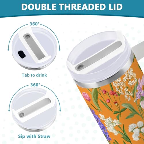 linqin Flower Peony Orange Vacuum Tumbler Insulated with Straw Lid 30 oz Water Bottle with Handle Reusable Mug with Handle for Water, Iced Tea or Coffee