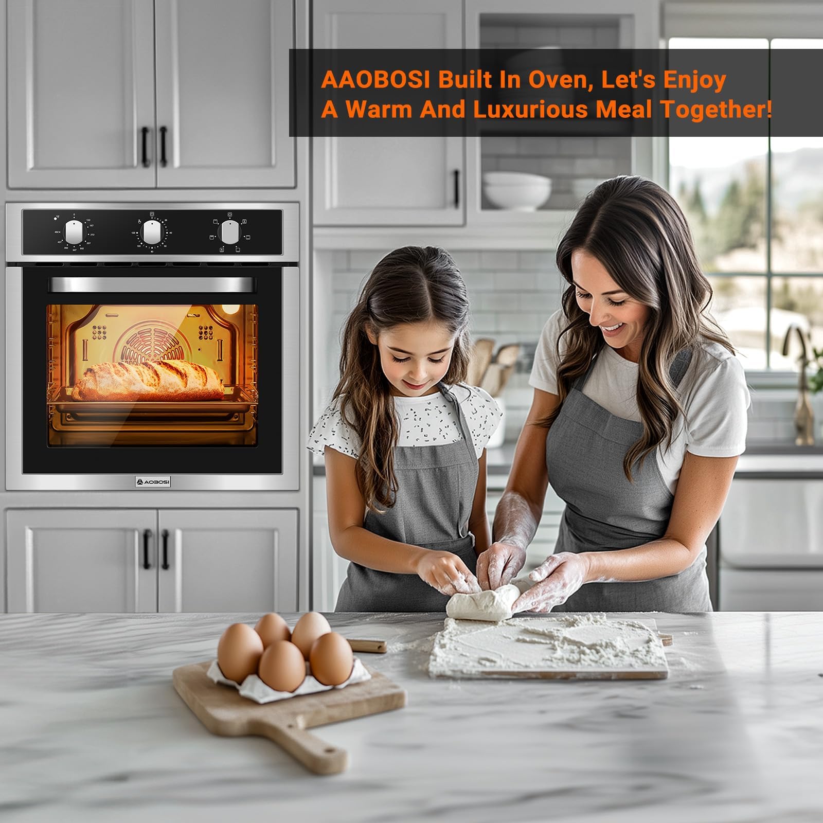 AAOBOSI Wall Oven, 24 Inch Single Wall Oven, 2.5 Cu. Ft. Built-in Convection Electric Oven, Mechanical Knob Control Timer, Alarm Clock, Stainless Steel Drop Down Door