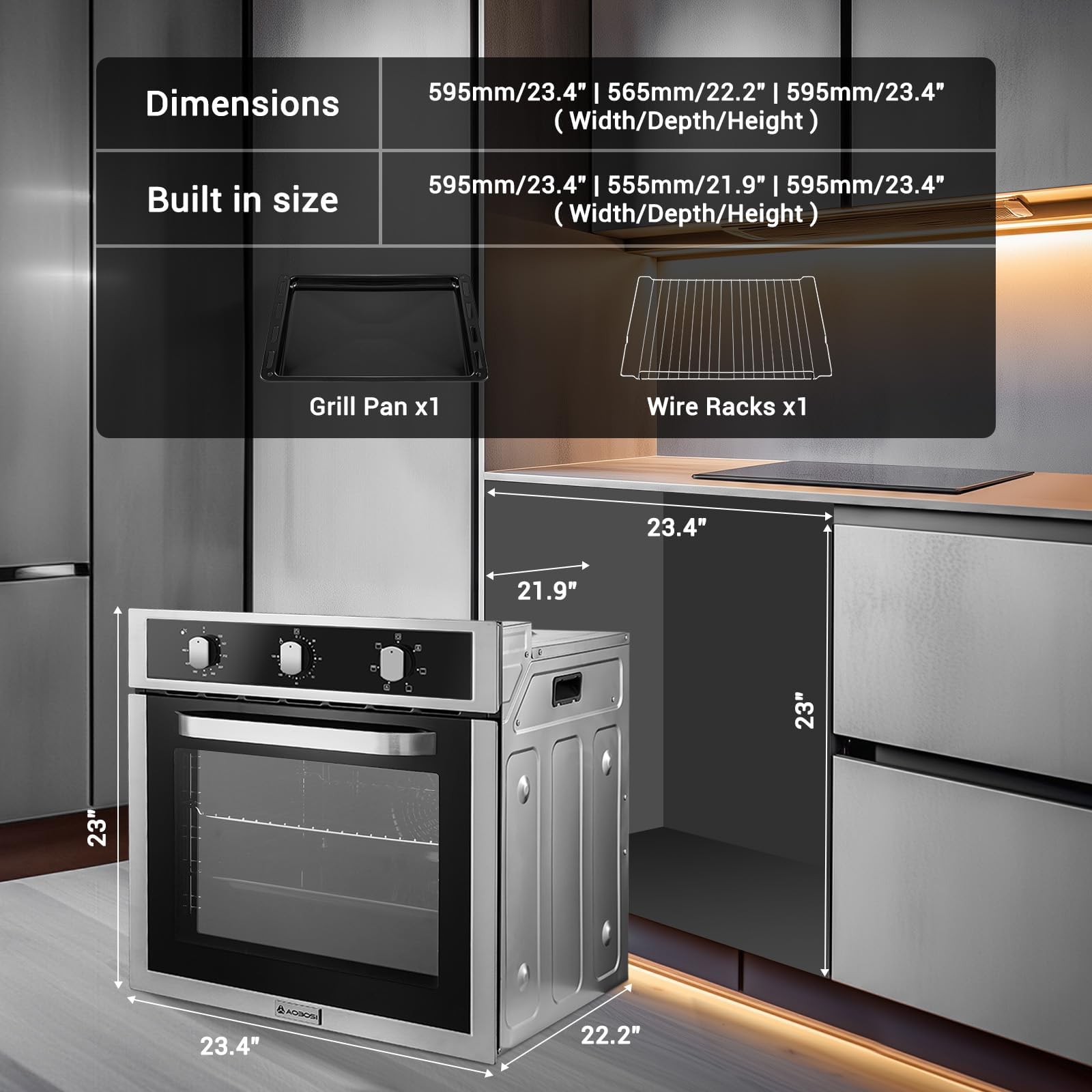 AAOBOSI Wall Oven, 24 Inch Single Wall Oven, 2.5 Cu. Ft. Built-in Convection Electric Oven, Mechanical Knob Control Timer, Alarm Clock, Stainless Steel Drop Down Door