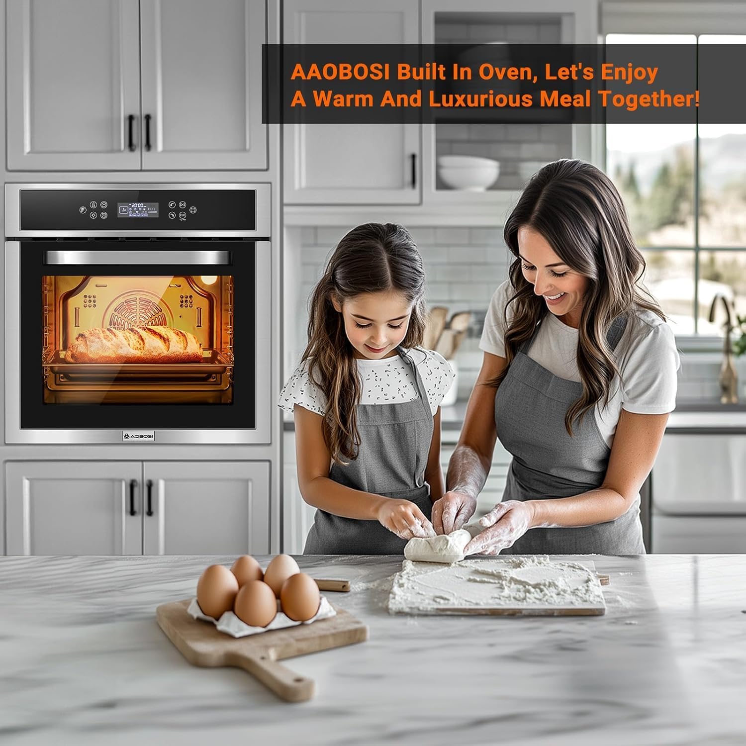 AAOBOSI Single Wall Oven, 24 Inch Electric Built-in Convection Oven 2.5 Cu.Ft 2800W 240V LED Digital Display Touch Control Timer Alarm Clock ChildLock for Kitchen,Drop Down Door in Stainless Steel