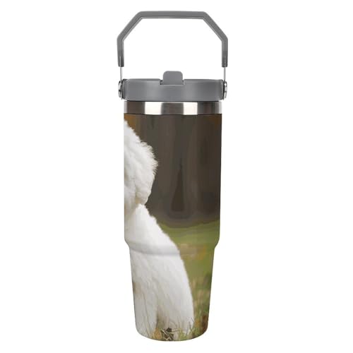 RTFGHJS Bichon Frise Dog 30 Oz Tumbler with Handle And Flip Straw, Stainless Steel Vacuum Insulated Travel Mug, Thermal Cup for Coffee, Water, Iced Drinks, Fits Car Cup Holders (Home, Sports)