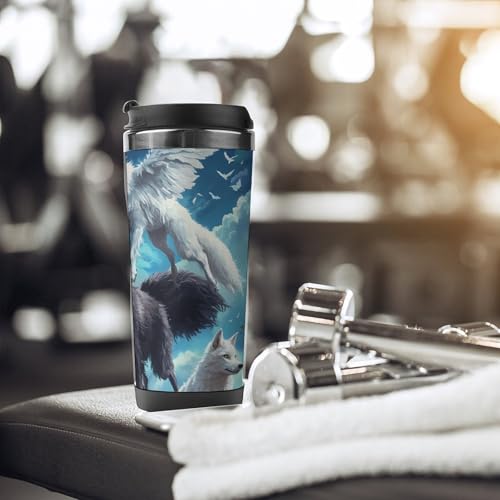Wolf with Wings Under Moon Travel Coffee Mug Reusable Insulated Drinking Cup with Lid for Home Outdoor Works 13 Oz