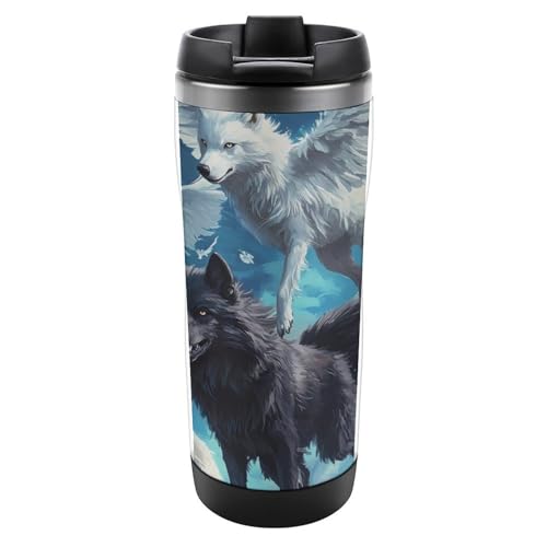 Wolf with Wings Under Moon Travel Coffee Mug Reusable Insulated Drinking Cup with Lid for Home Outdoor Works 13 Oz