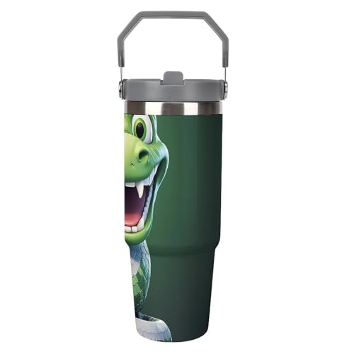 RTFGHJS Cartoon Snake Green 30 Oz Tumbler with Handle And Flip Straw, Stainless Steel Vacuum Insulated Travel Mug, Thermal Cup for Coffee, Water, Iced Drinks, Fits Car Cup Holders (Home, Sports)