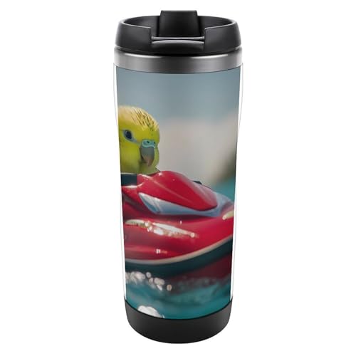 Cute Budgie on Motorboat Travel Coffee Mug Reusable Insulated Drinking Cup with Lid for Home Outdoor Works 13 Oz