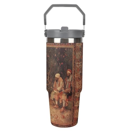 RTFGHJS Antique Orientalist Art 30 Oz Tumbler with Handle And Flip Straw, Stainless Steel Vacuum Insulated Travel Mug, Thermal Cup for Coffee, Water, Iced Drinks, Fits Car Cup Holders (Home, Sports)