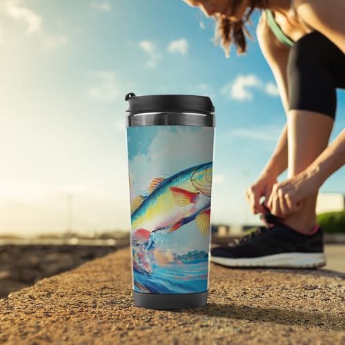 Bass Fishing Art Travel Coffee Mug Reusable Insulated Drinking Cup with Lid for Home Outdoor Works 13 Oz