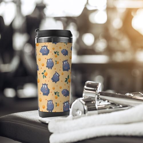 Cute Hippopo Pattern Travel Coffee Mug Reusable Insulated Drinking Cup with Lid for Home Outdoor Works 13 Oz