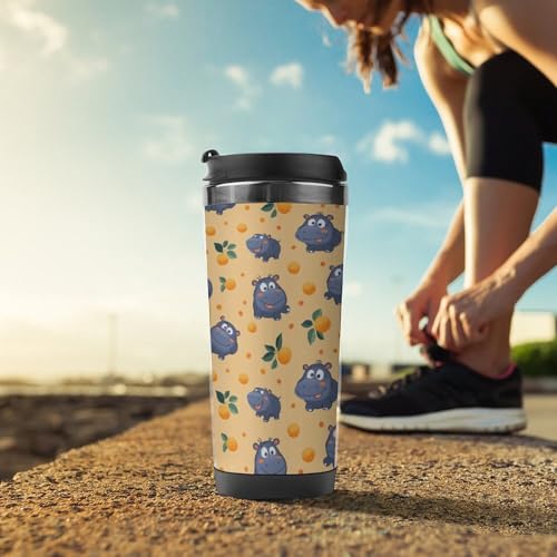 Cute Hippopo Pattern Travel Coffee Mug Reusable Insulated Drinking Cup with Lid for Home Outdoor Works 13 Oz
