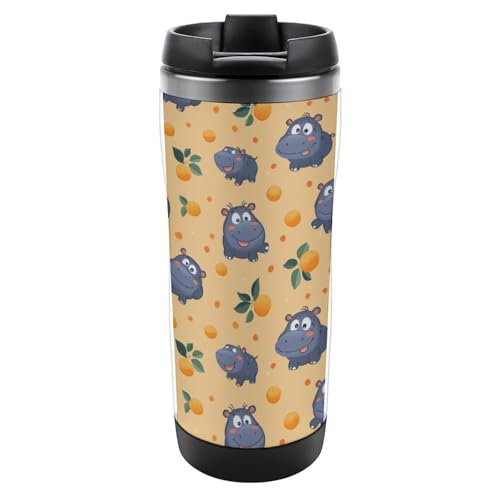 Cute Hippopo Pattern Travel Coffee Mug Reusable Insulated Drinking Cup with Lid for Home Outdoor Works 13 Oz