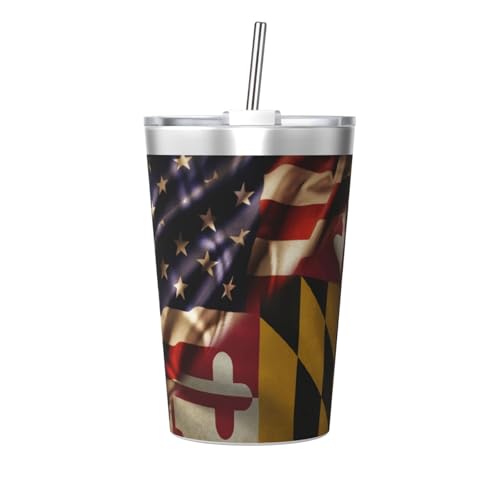 12oz Tumbler Combined Maryland And Usa Flag Stainless Steel Cup With Straw And Lid Spill Proof Bulk Double Wall Vacuum Reusable Water Tumblers For Cold Hot Drink