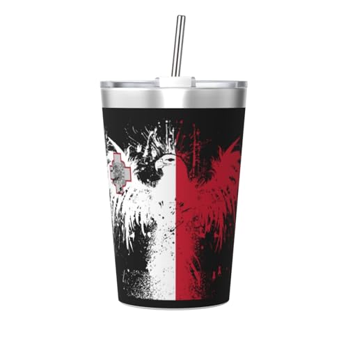 12oz Tumbler Malta Maltese Flag Stainless Steel Cup With Straw And Lid Spill Proof Bulk Double Wall Vacuum Reusable Water Tumblers For Cold Hot Drink