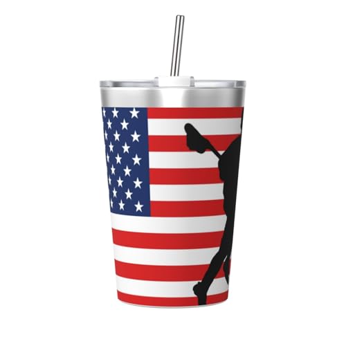 12oz Tumbler Lacrosse America Flag Stainless Steel Cup With Straw And Lid Spill Proof Bulk Double Wall Vacuum Reusable Water Tumblers For Cold Hot Drink