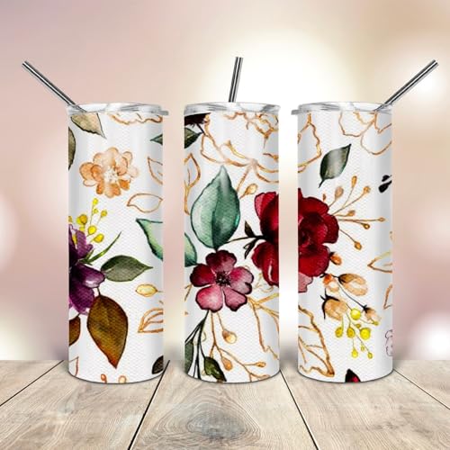 Floral Skinny Tumbler, Flower Travel Mug, Reusable Metal Straw & Lid, Double-Wall Vacuum Bottle Cup for Hot and Cold Drinks, Gifts Women (20 oz)