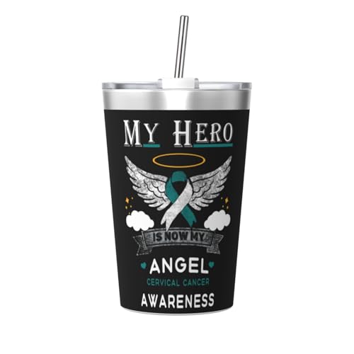12oz Tumbler My Hero Is Now My Angel Cervical Cancer Awareness Stainless Steel Cup With Straw And Lid Spill Proof Bulk Double Wall Vacuum Reusable Water Tumblers For Cold Hot Drink
