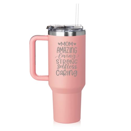 Daylor 40 oz Tumbler with Handle and Straw Lid Stainless Steel Insulated Travel Mug Cup Amazing Mom Gift For Mother (Pink)