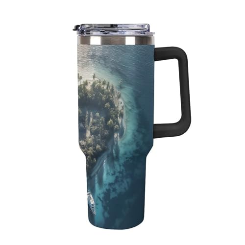 Heart Shaped Island 40 Oz Water Bottle, Stainless Steel Tumbler with Handle And Straw, Extra Large Insulated Tumbler, Flip Straw Tumblers for Sports, Work, Car, Travel And Weekends