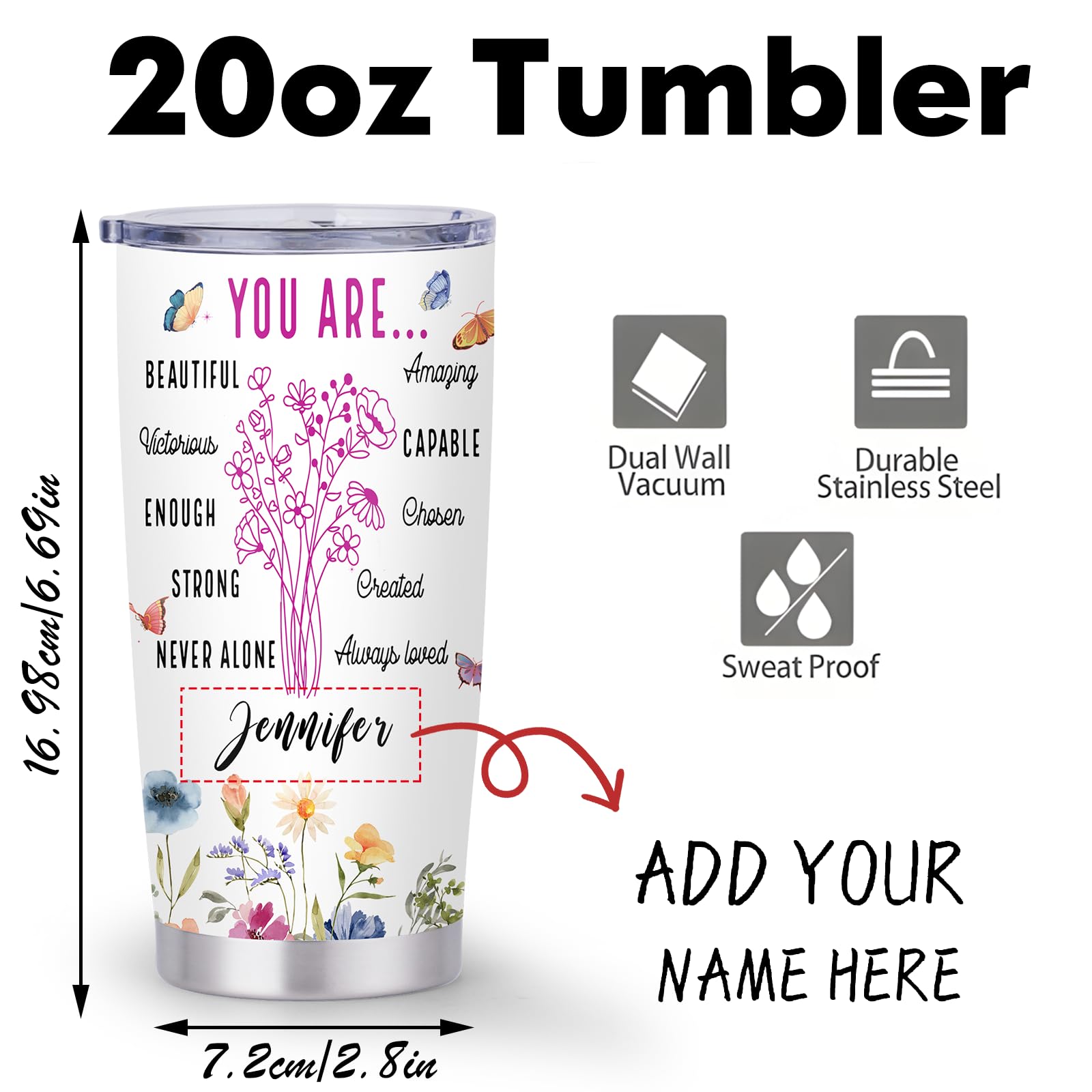 Inspirational Christian Tumbler With Name, 20 oz, Floral Design with Butterflies, Personalized Double Wall Insulated Travel Cups