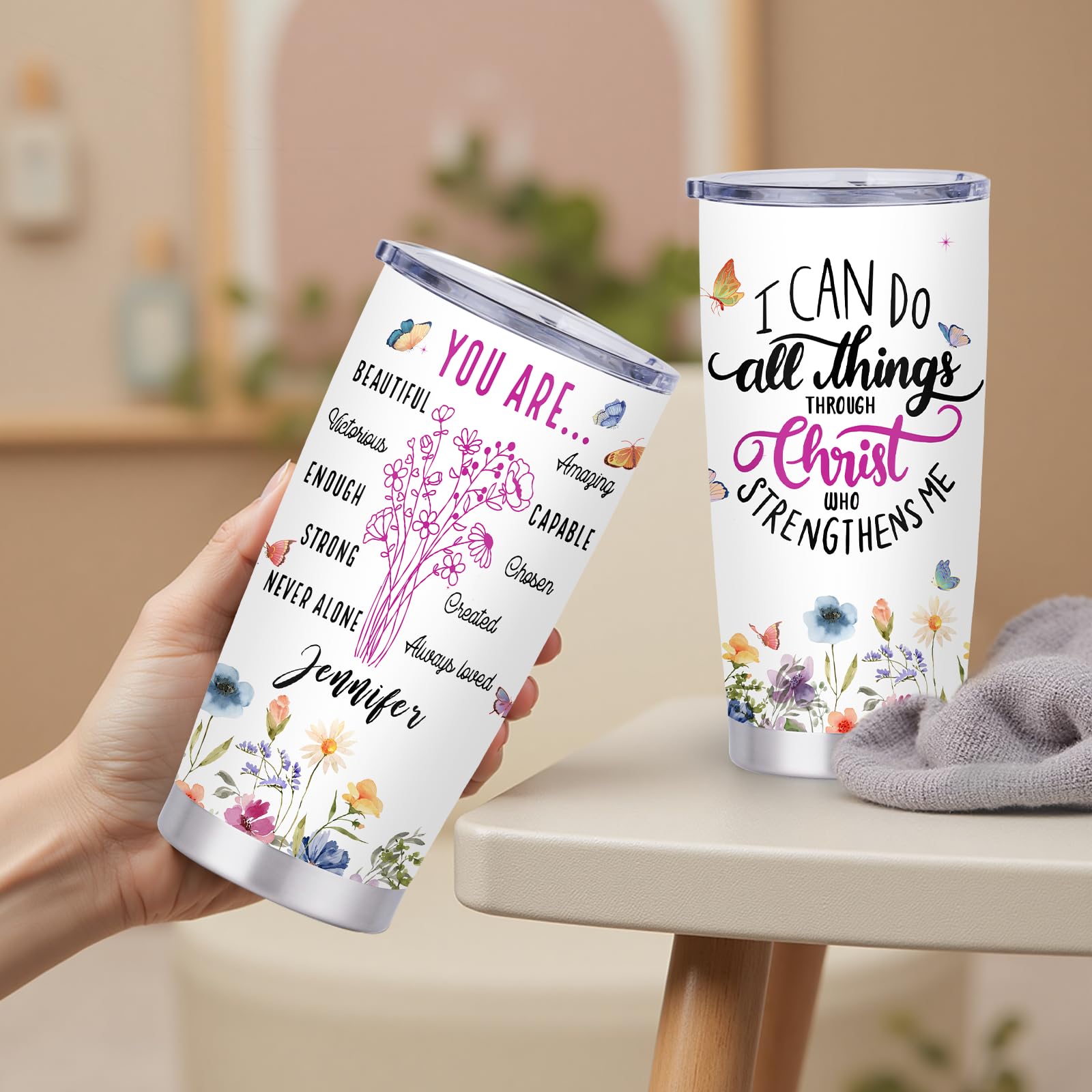 Inspirational Christian Tumbler With Name, 20 oz, Floral Design with Butterflies, Personalized Double Wall Insulated Travel Cups