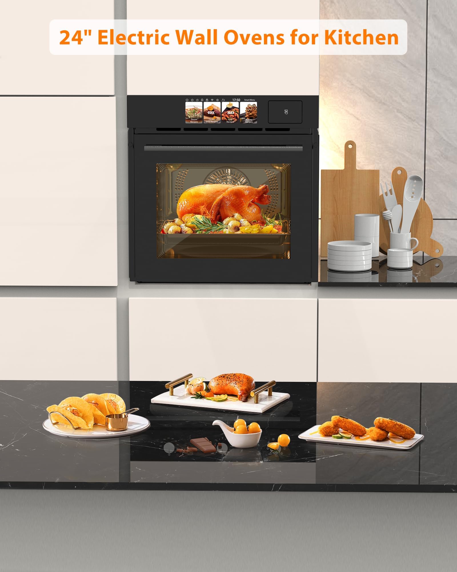 Wall Ovens 24 Inch Electric, Built-In Wall Oven 2.5 Cu.Ft Single Wall Oven with Air Fry, Steam & Grill, 8 Cooking Modes, 108 Recipes, 3D Heating Convection Wall Oven, TFT Display, 3000W