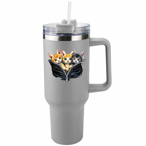 40 Oz Insulated Tumbler with Handle and Straw,Cute Cat In Clothes Stainless Steel Vacuum Insulated Travel Mug,Leak-proof Water Bottle Iced Coffee Cup,Rural Animal Theme