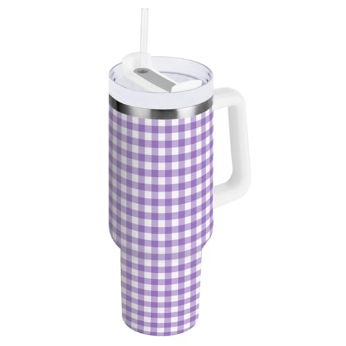 ARGTILDN 40 oz Tumbler Purples Plaid Insulated Travel Mug with Handle and Straw Lid Stainless Steel Vacuum Coffee Cup Tea Beverage Container Water Bottles for Car Sports office