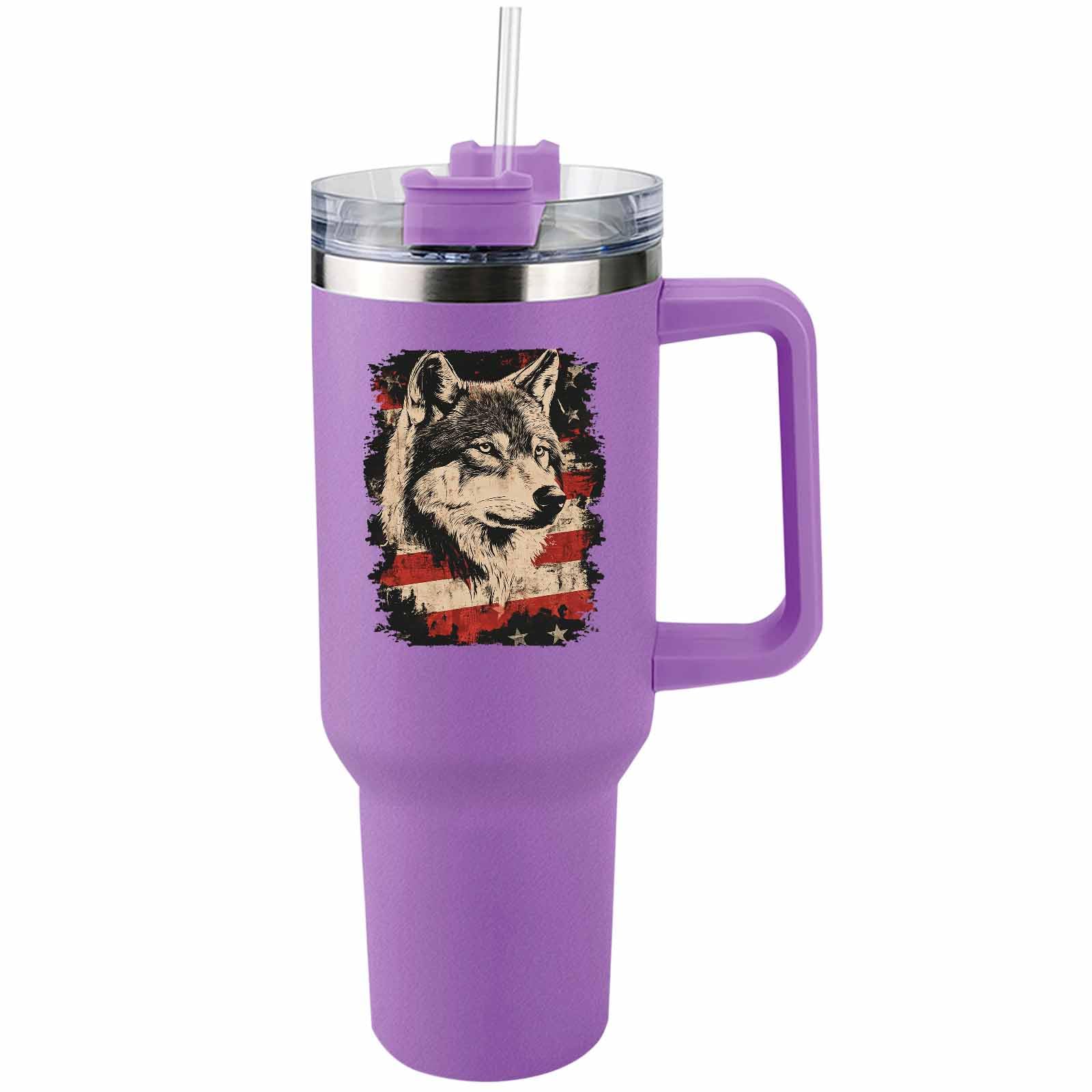 40 Oz Insulated Tumbler with Handle and Straw,Patriotic Wolf Stainless Steel Vacuum Insulated Travel Mug,Leak-proof Water Bottle Iced Coffee Cup,Vintage American Flag Animal
