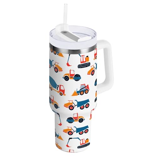 ARGTILDN 40 oz Tumbler Bulldozer Excavator Crane Tractor Insulated Travel Mug with Handle and Straw Lid Stainless Steel Vacuum Coffee Cup Tea Beverage Container Water Bottles for Car Sports office