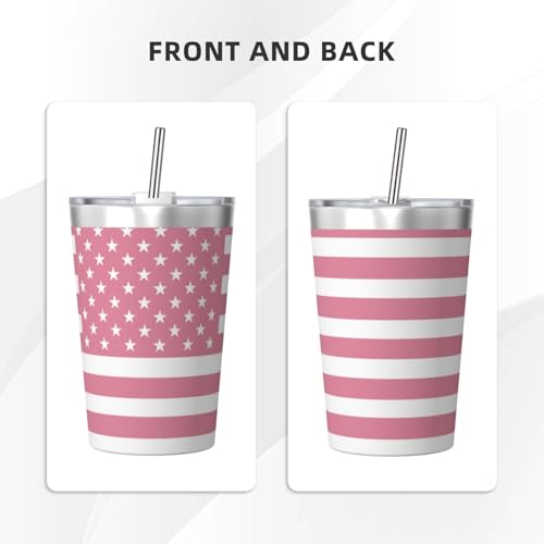 Insulated Tumbler with Straw, Pink Stars and Stripes, 304 Stainless Steel Double Wall, BPA-free, 4.9 inch