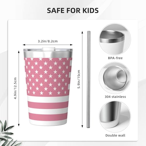 Insulated Tumbler with Straw, Pink Stars and Stripes, 304 Stainless Steel Double Wall, BPA-free, 4.9 inch
