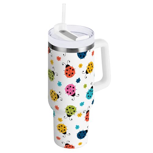 ARGTILDN 30 oz Tumbler Colorful Ladybugs Flowers Insulated Travel Mug with Handle and Straw Lid Stainless Steel Vacuum Coffee Cup Tea Beverage Container Water Bottles for Car Sports office